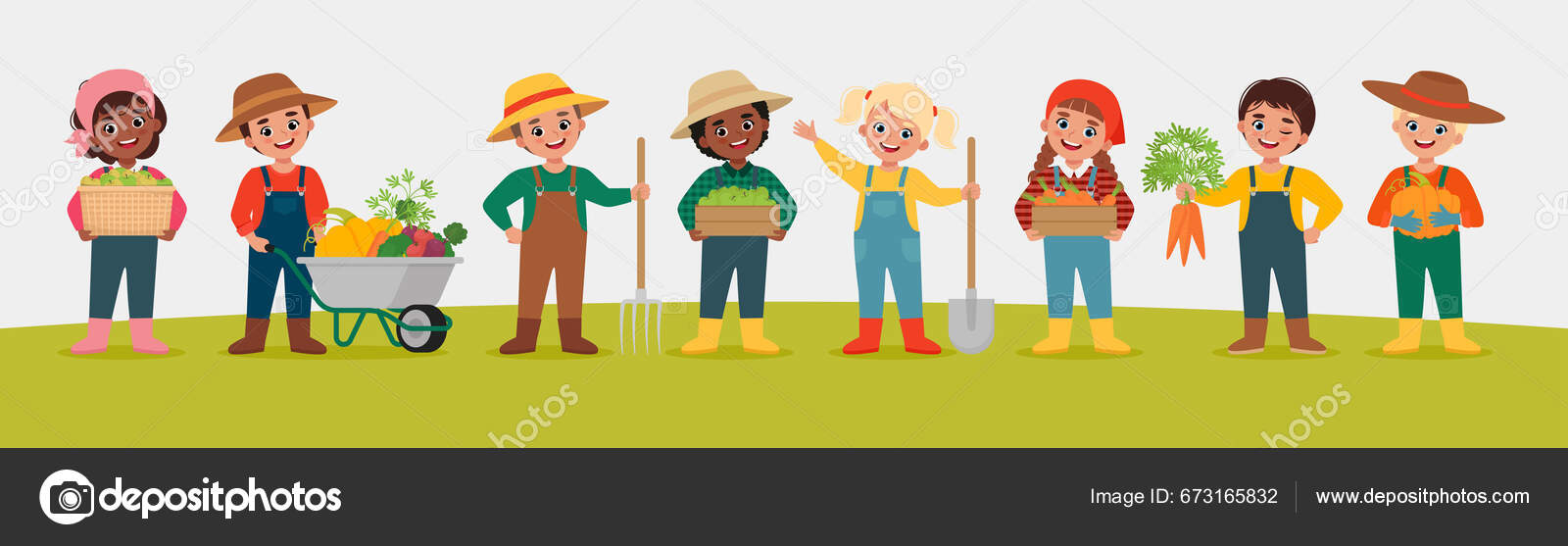 Happy Kids Harvesting Fruits Vegetables Farming Children Summer Autumn ...
