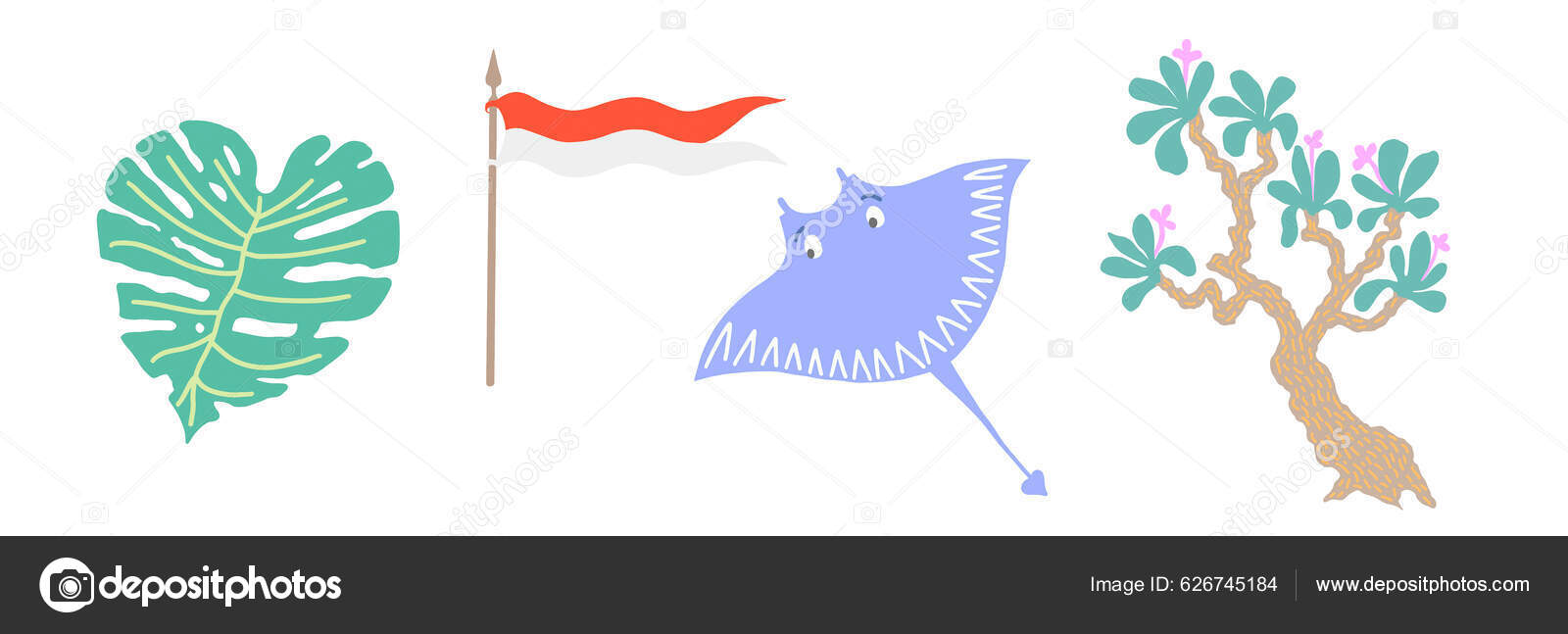 Set Flat Style Tropical Symbols Indonesia Flag Monstera Leaf Stingray ...