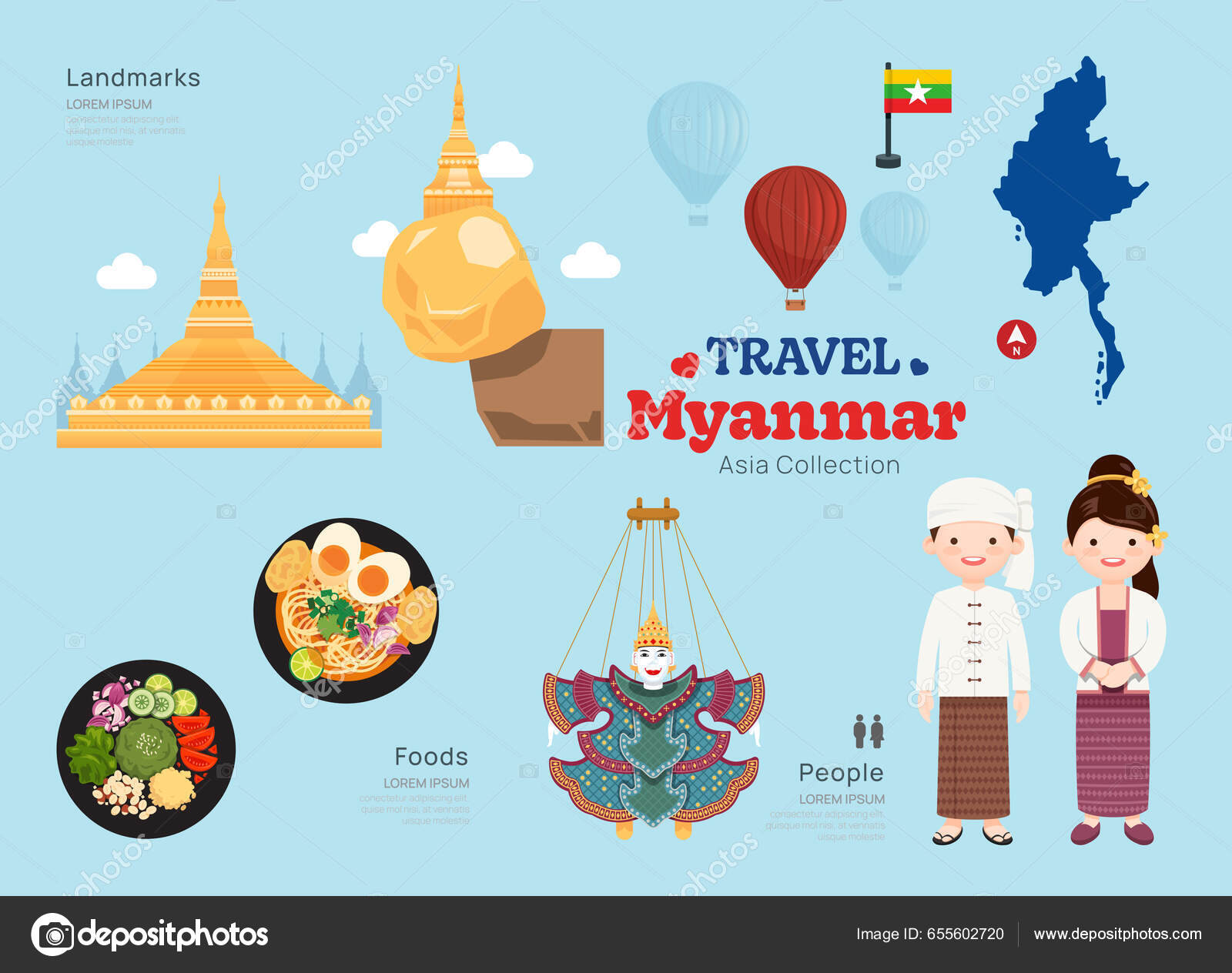 Travel Myanmar Flat Icons Set Burmese Element Icon Map Landmarks Stock ...