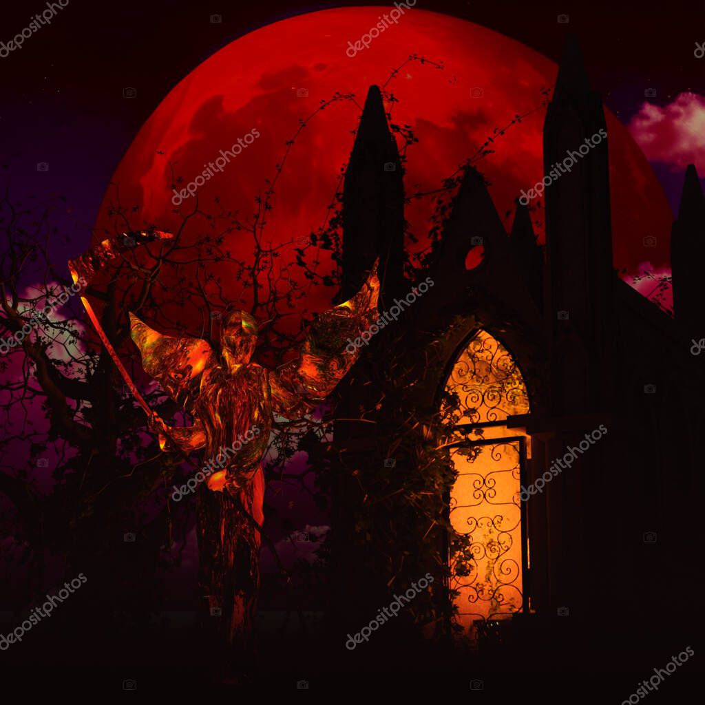 Angel of Death in front of a mausoleum - Spooky night background with ...