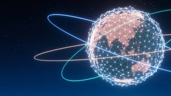Glowing Earth Globe Black Background Plexus Network Satellite Orbits ...