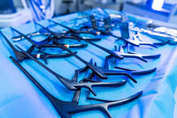 Neurosurgery tools ready. Surgical instruments are neatly arranged on a ...