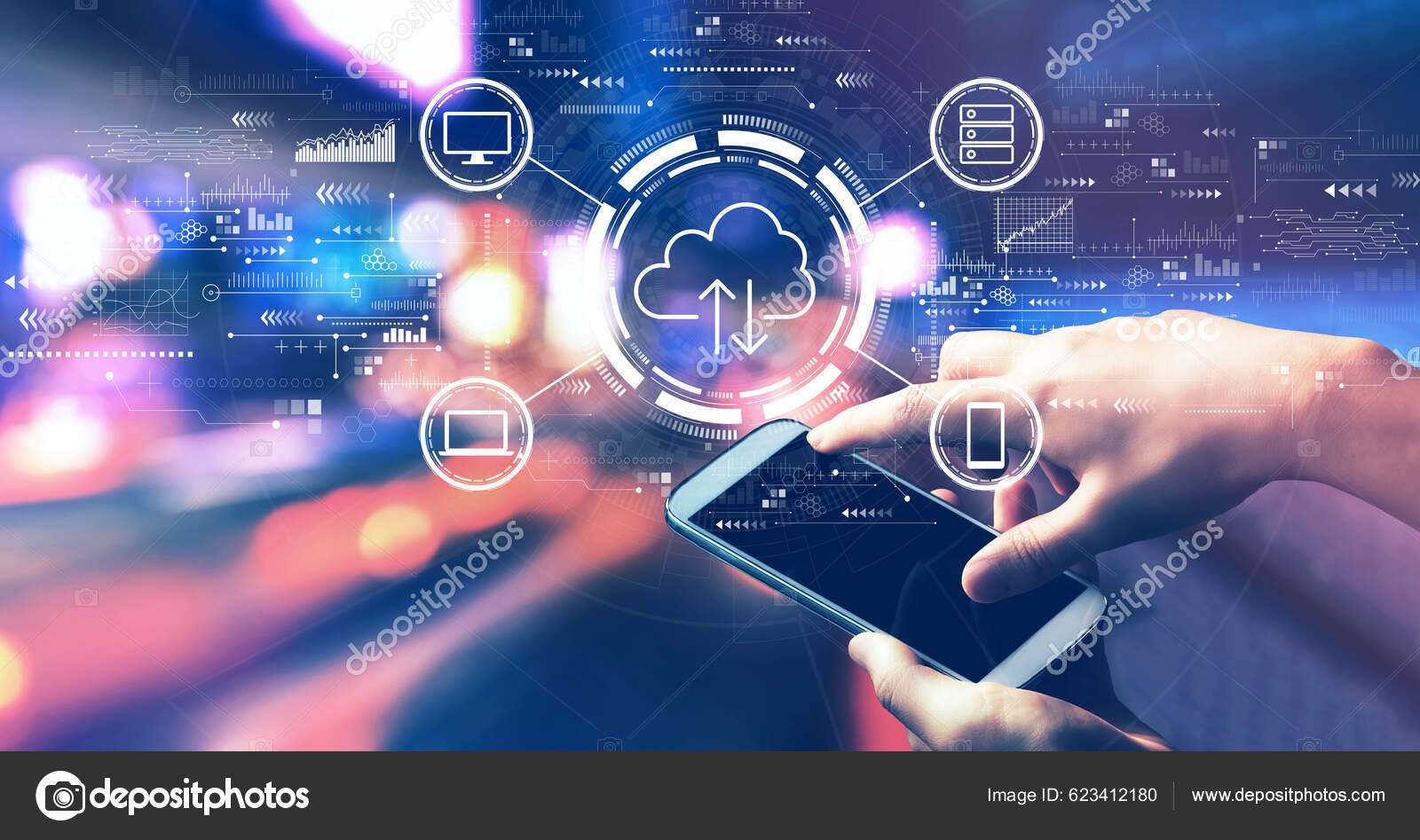 Cloud Computing Person Using Smartphone City Night Stock Photo by ...
