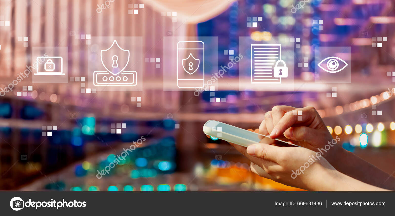 Data Privacy Concept Person Using Smartphone City Night — Stock Photo ...