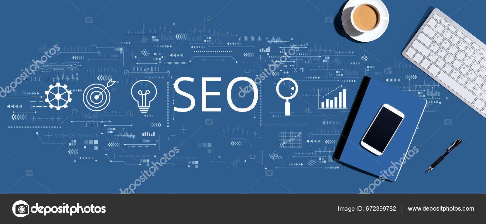 Seo Concept Computer Keyboard Office Items — Foto de stock #672399782 © Melpomene