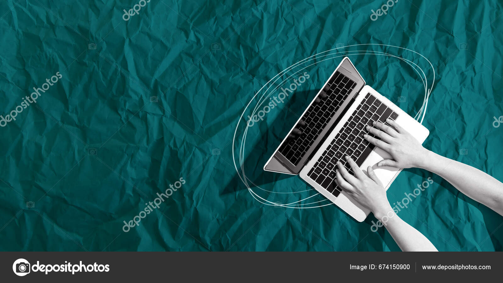 Person Using Laptop Computer Crumpled Paper Background — Stock Photo ...