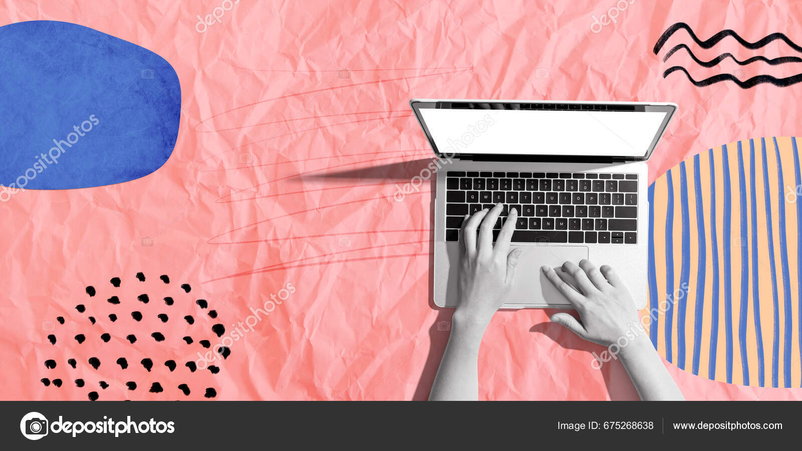 Person Using Laptop Computer Crumpled Paper Background — Stock Photo ...