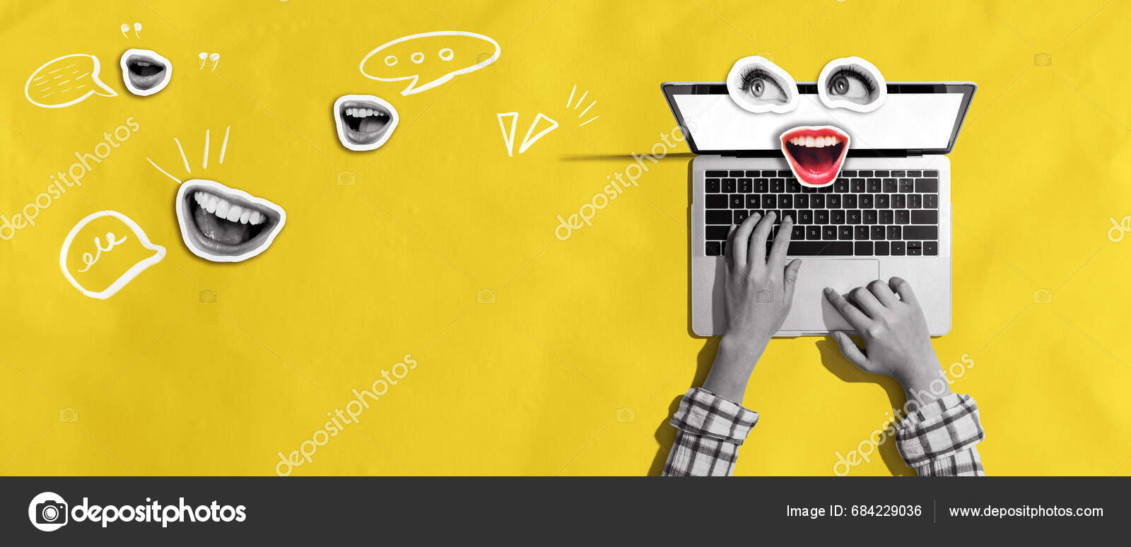 Person Using Laptop Computer Eyes Mouth Photo Collage Design — Stock ...