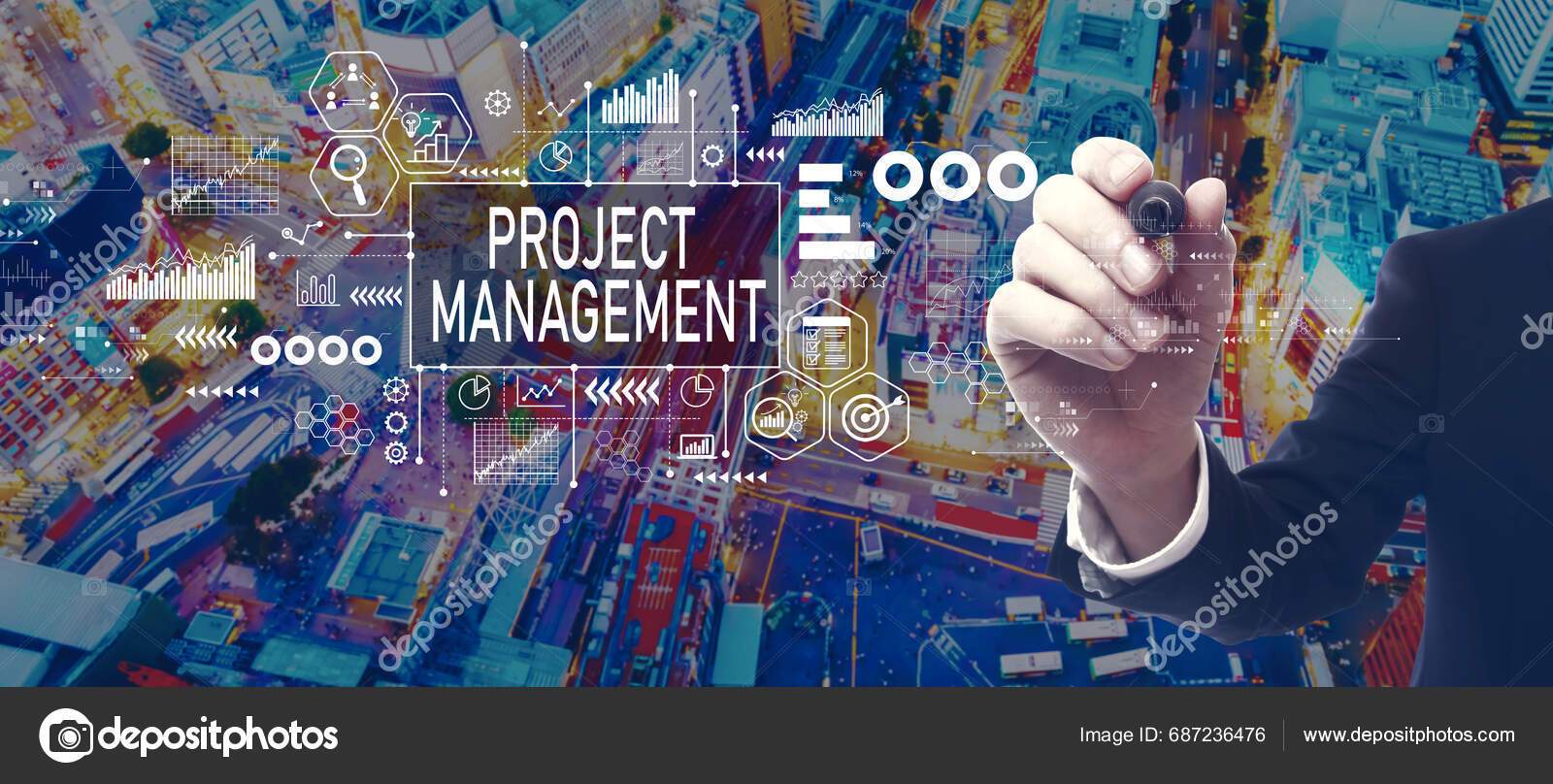 Project Management Theme Businessman City Night — Stock Photo ...