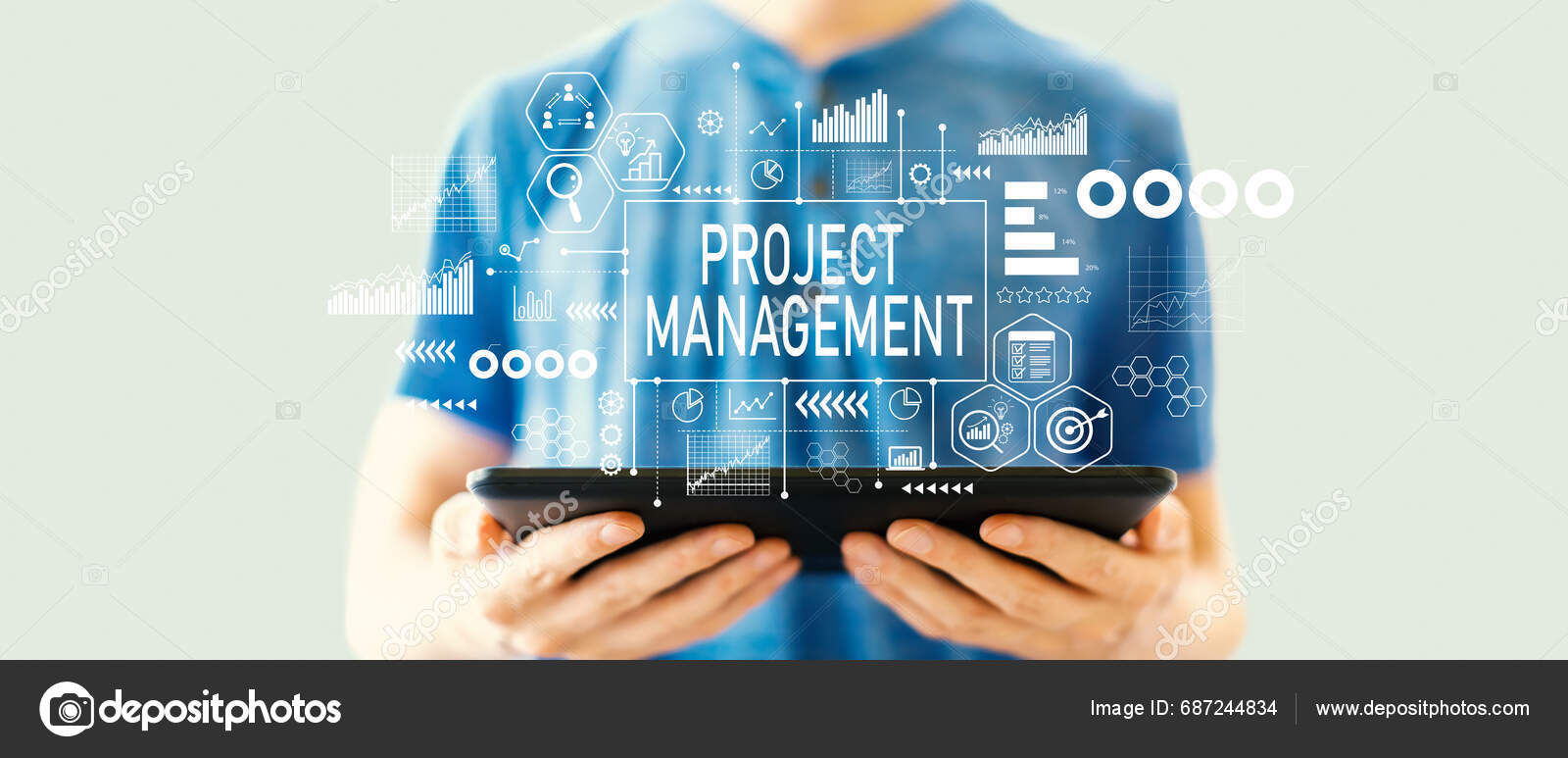 Project Management Theme Young Man Using Tablet Computer — Stock Photo ...