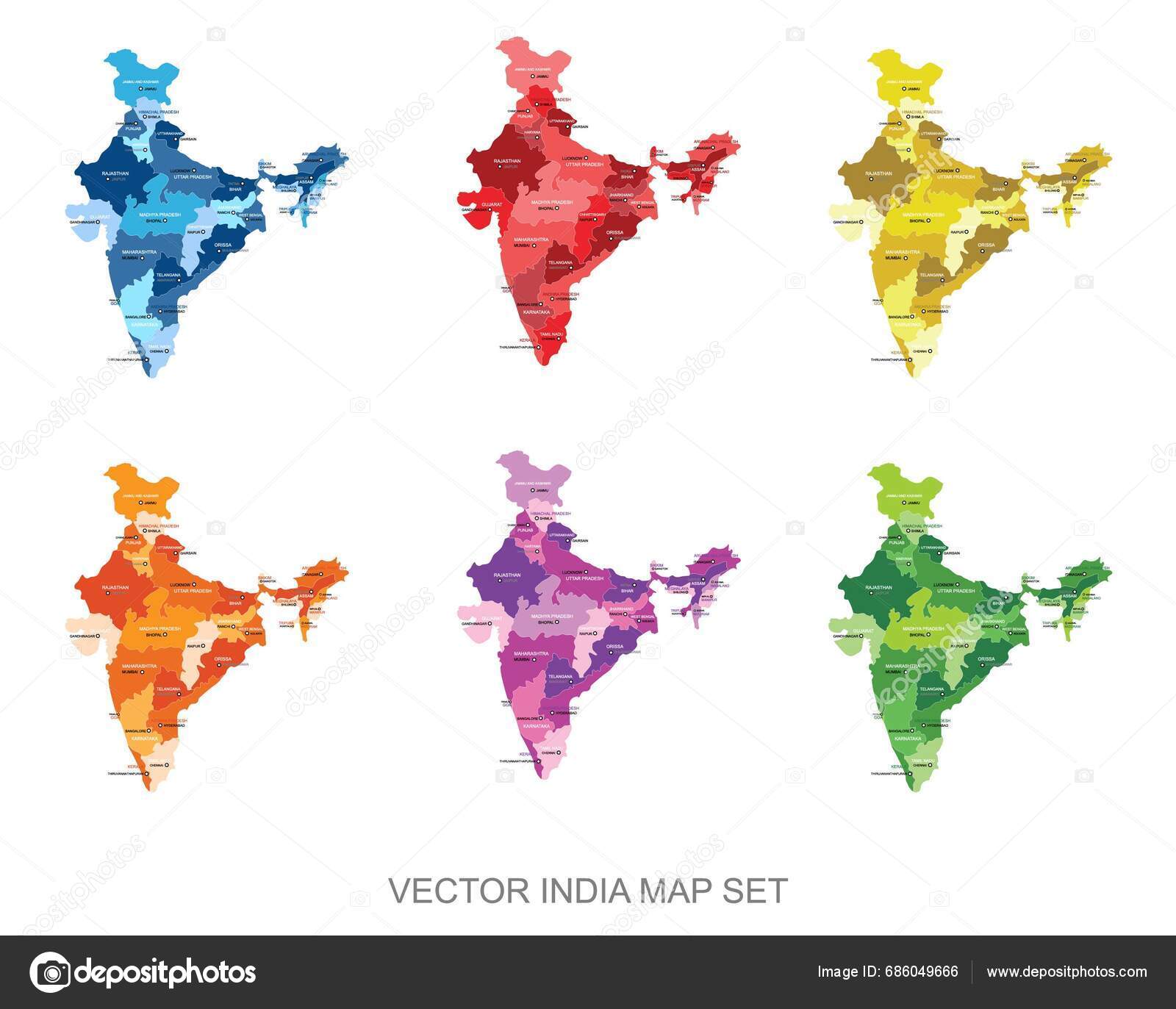 Conjunto Vetorial Multicolorido Abstrato Mapa Político Índia Com Países ...