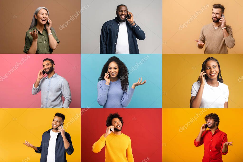 Collage de personas felizmente comprometidas en conversaciones ...