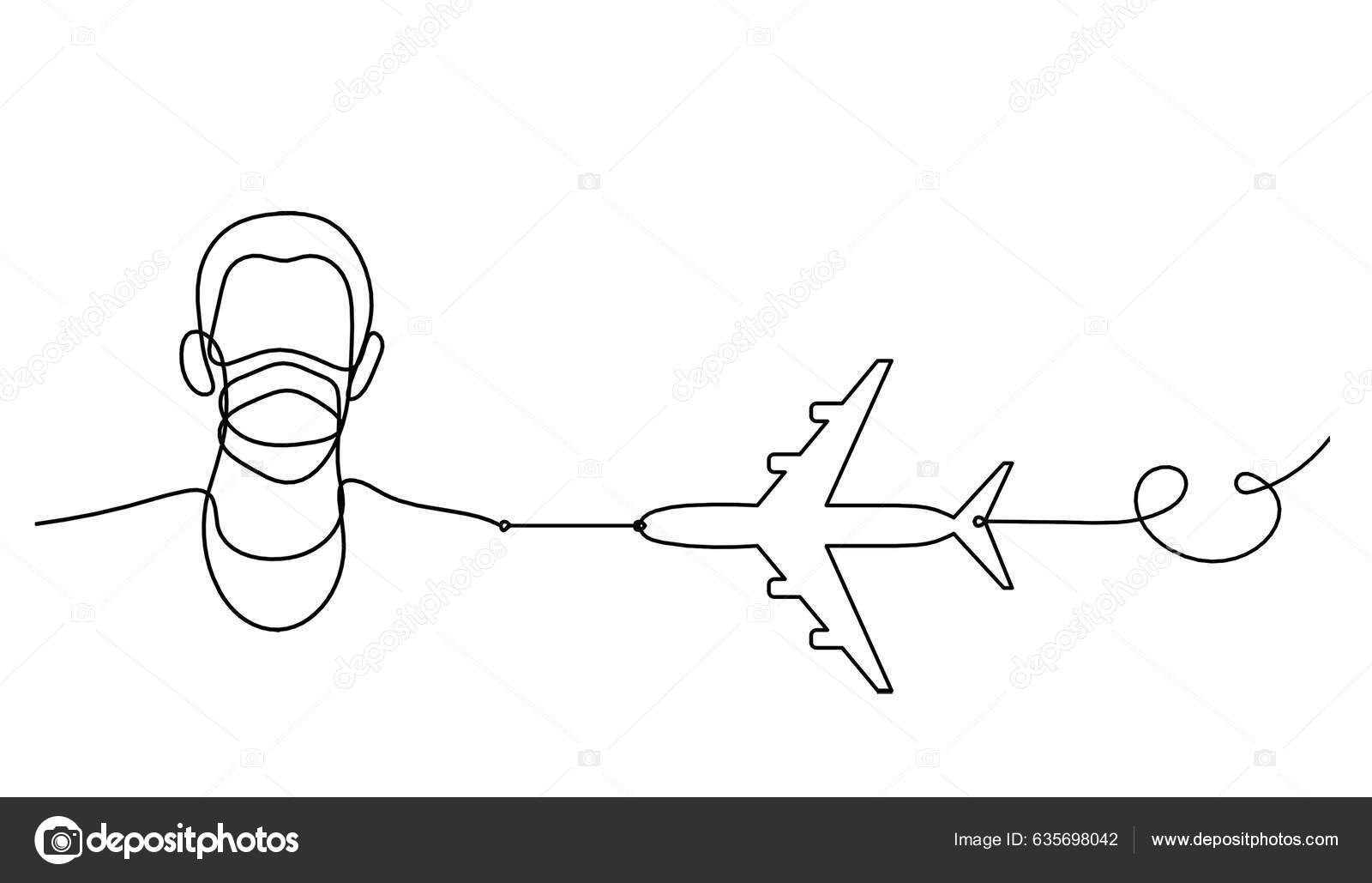 Abstract Man Face Mask Globe Plane Line Drawing White Background Stock ...