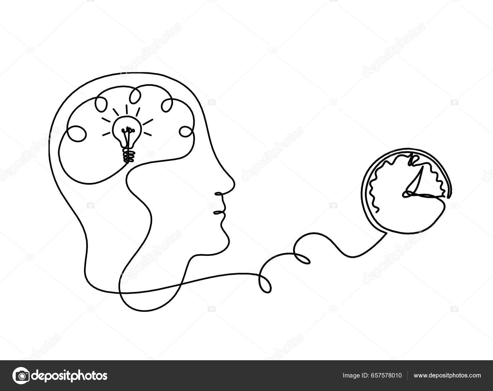 Man Silhouette Brain Clock Line Drawing White Background Stock Vector ...