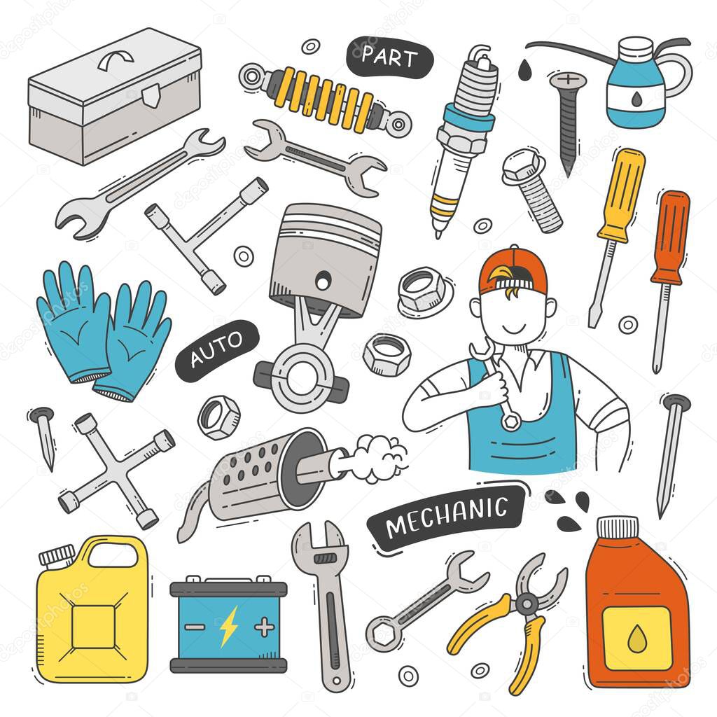 Mec nica herramientas y equipos garabato ilustraci n vectorial dibujado a mano 2024