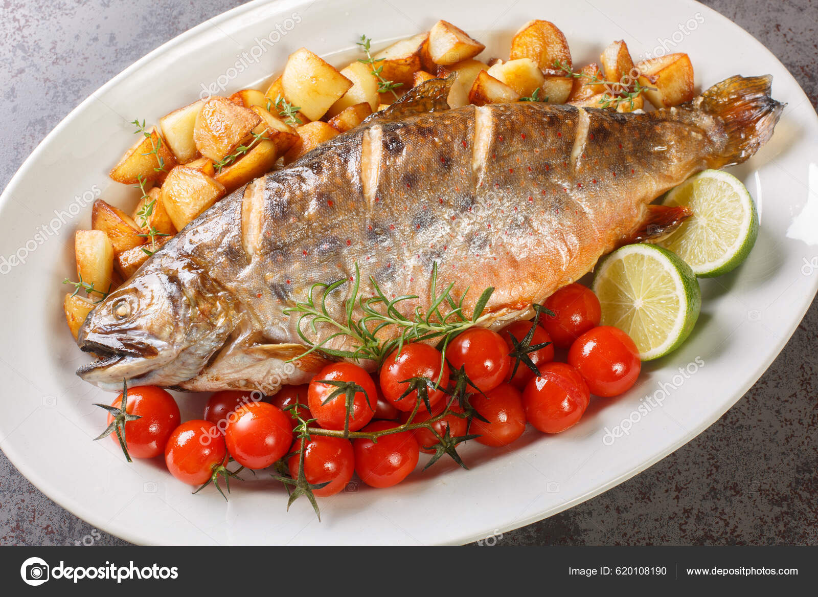 Baked Fish Arctic Char Vegetables Herbs Closeup White Dish Table Stock ...