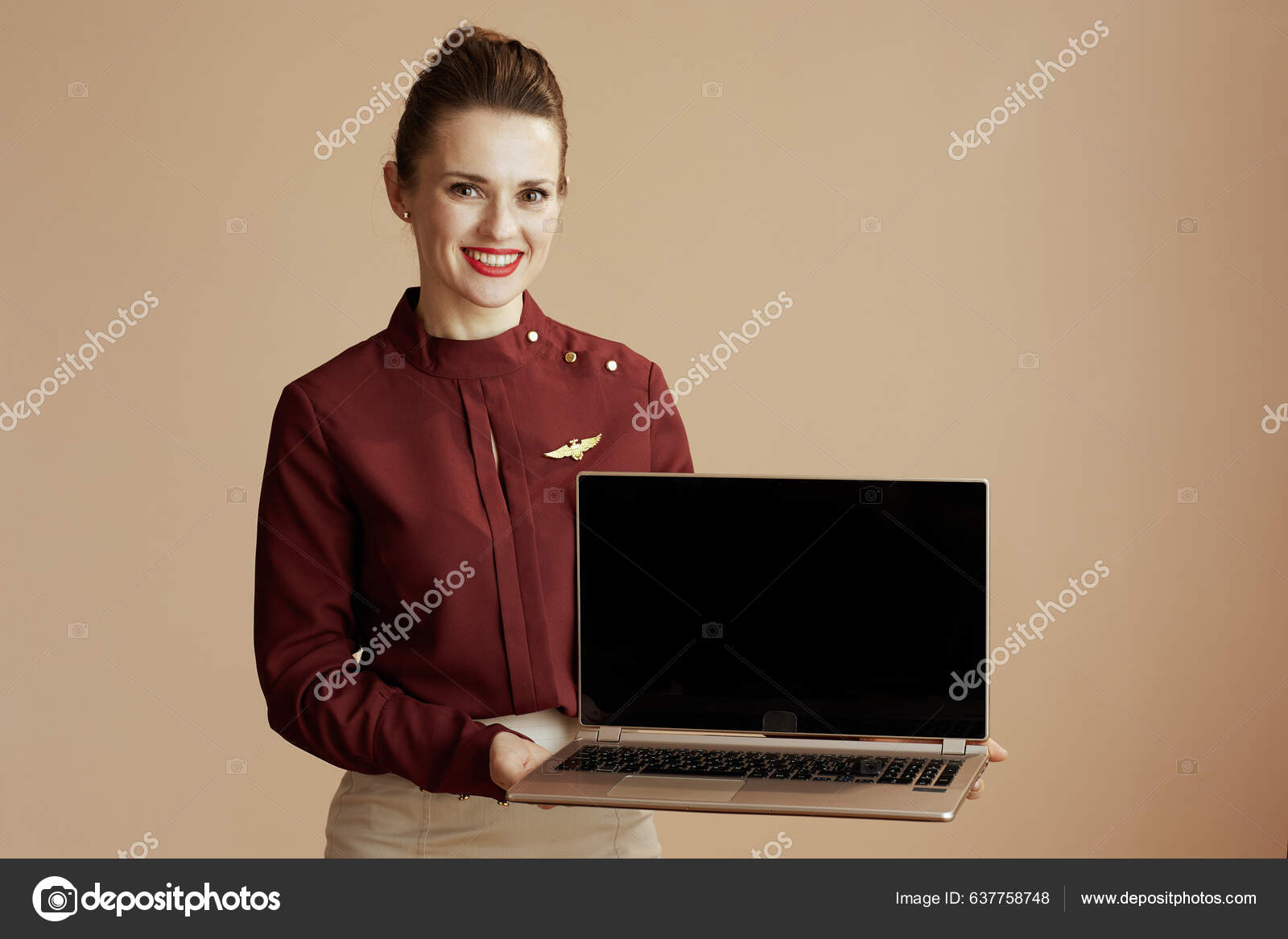 Happy Elegant Air Hostess Woman Beige Background Showing Laptop Blank ...