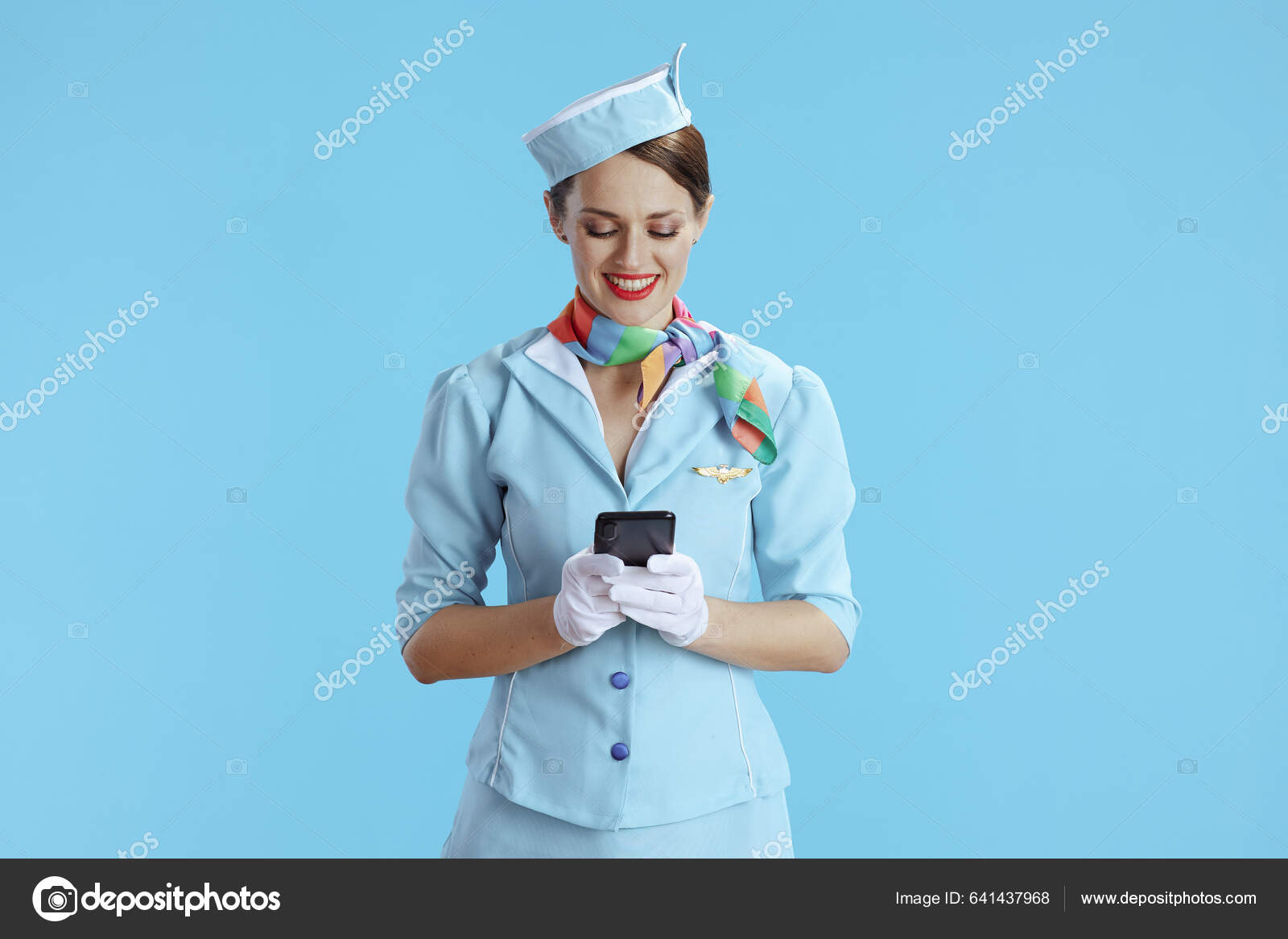 Smiling Modern Female Air Hostess Blue Background Blue Uniform Using ...