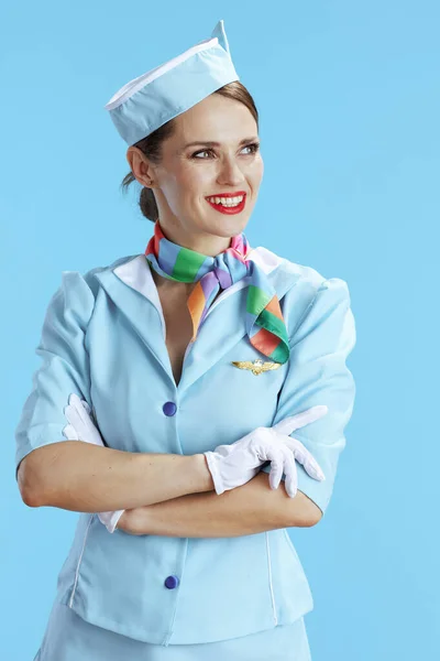 Smiling Modern Female Air Hostess Blue Background Blue Uniform Using ...