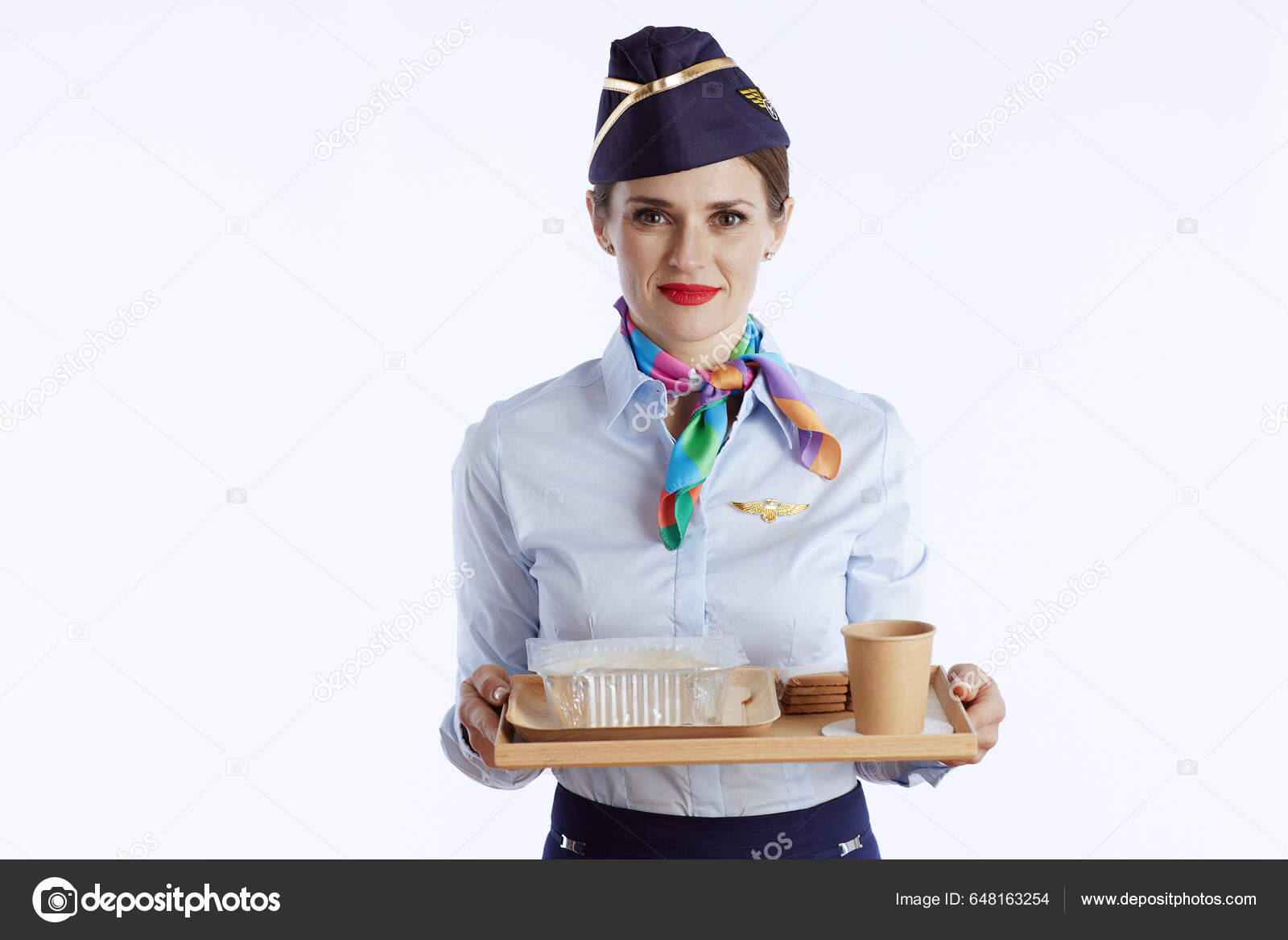 Modern Female Air Hostess Isolated White Background Uniform Tray Food ...