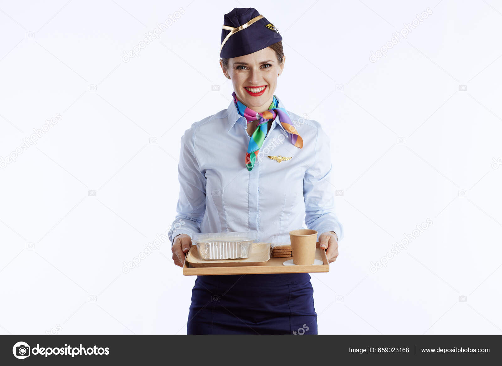 Sonriente Azafata Femenina Moderna Aislada Sobre Fondo Blanco Uniforme ...