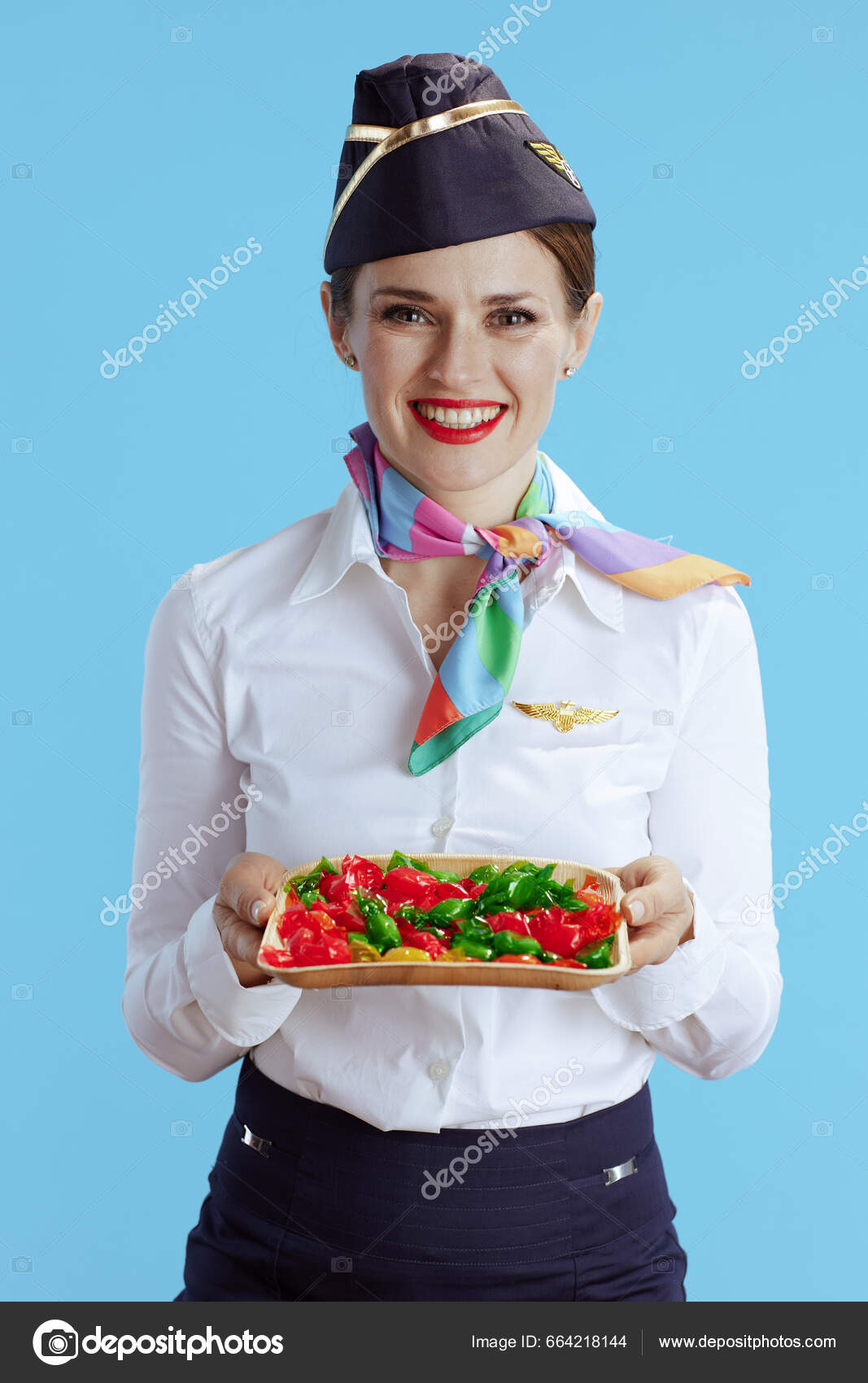 Smiling Modern Female Flight Attendant Isolated Blue Background Uniform ...