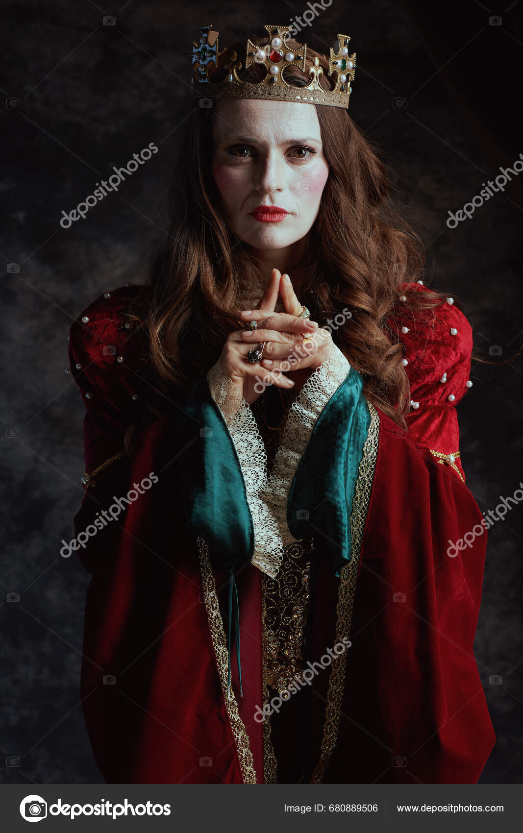 Medieval Queen Red Dress White Makeup Crown Dark Gray Background ...