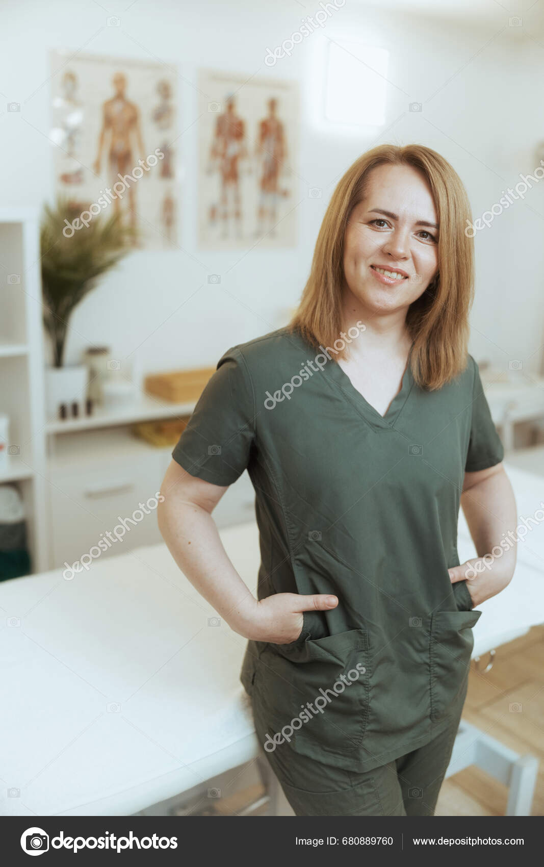 Healthcare Time Smiling Massage Therapist Woman Massage Cabinet Looking Camera — Stock Photo ...