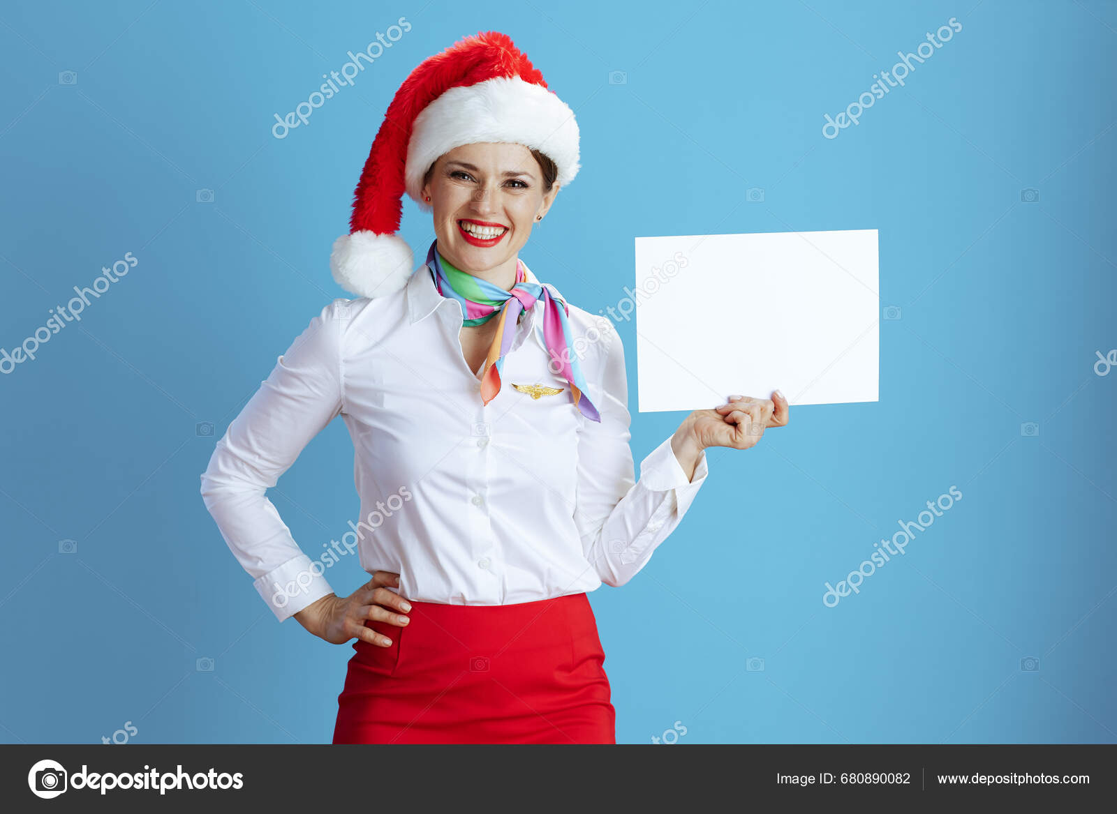 Happy Elegant Stewardess Woman Blue Background Uniform Santa Hat ...