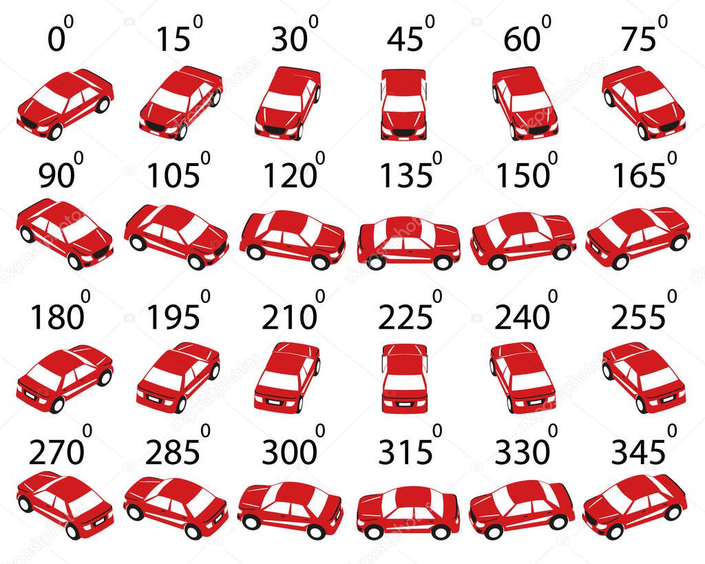 A set of 24 logo cars from different angles. Rotation of the car in ...
