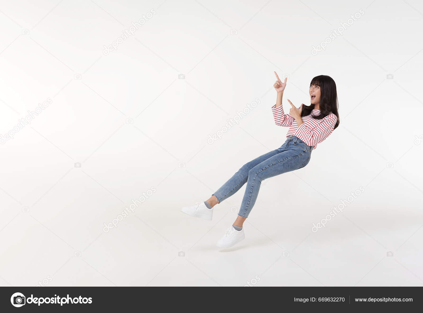 Young Beautiful Asian Girl Floating Mid Air Relaxing Hand Pointing ...