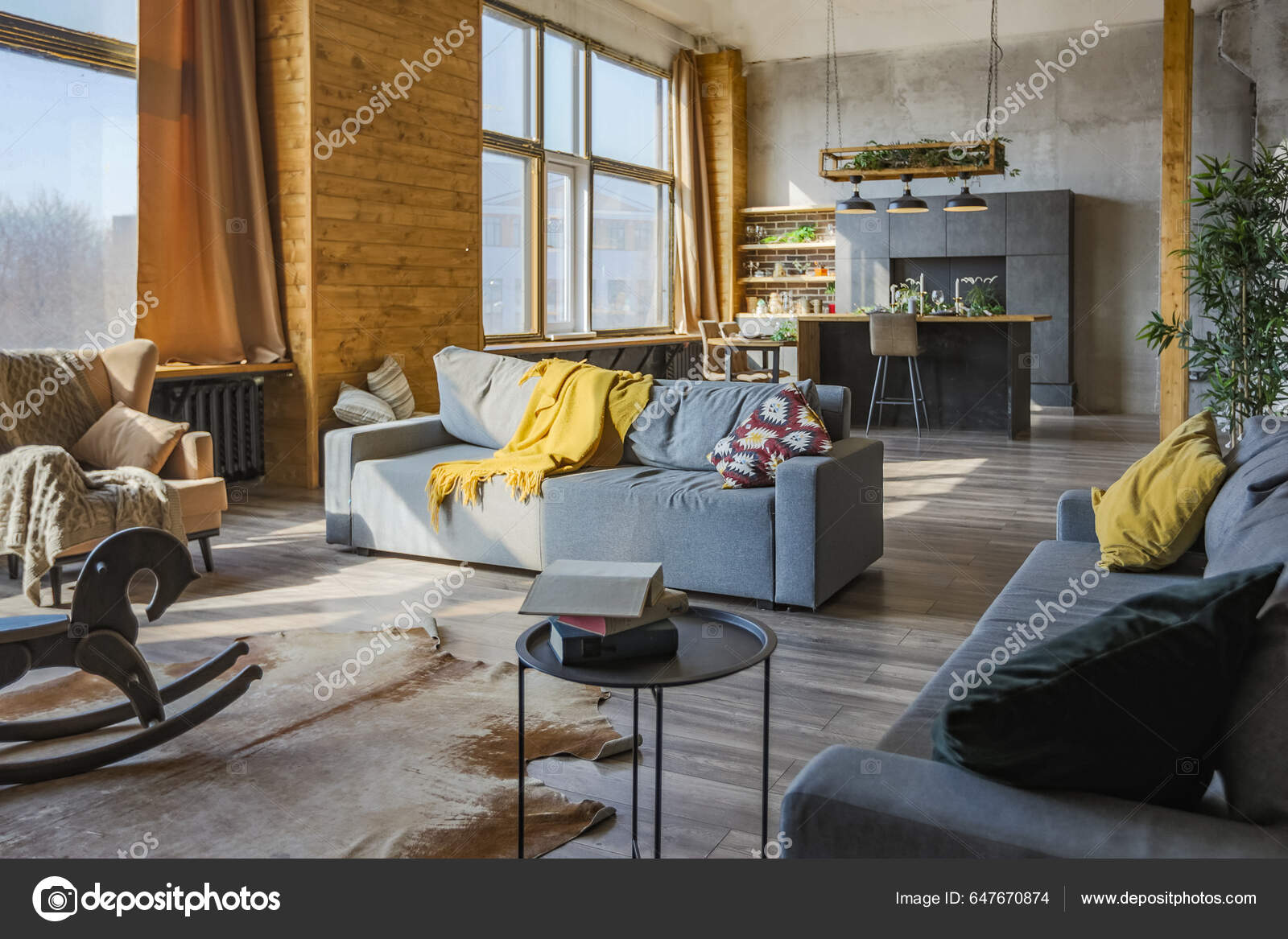 Dark Loft Style Interior Big Cozy Country House Open Plan — Stock Photo ...