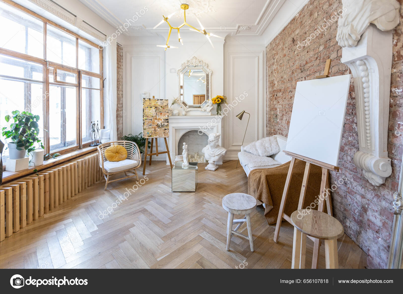 Bright Workshop Room Creation Work Architect Artist Loft Style Brick ...