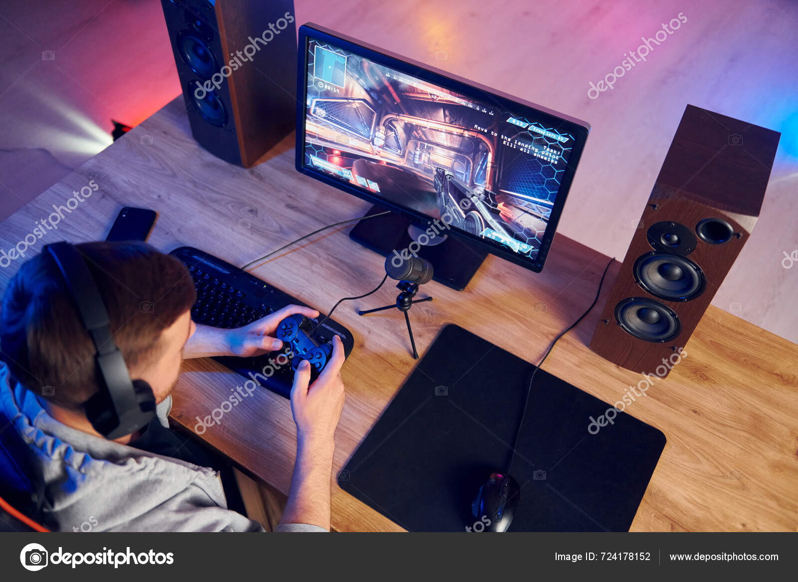 Top View Online Streamer Playing Fps Shooter Game Home — Stock Photo ...