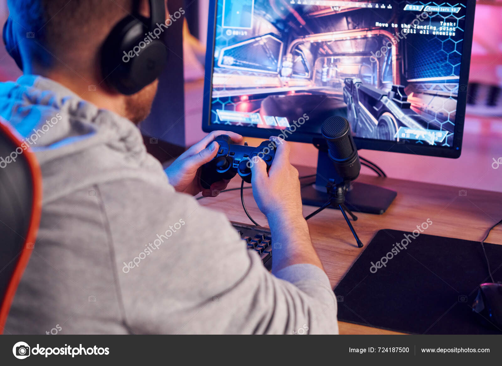 Using Joystick Online Streamer Playing Fps Shooter Game Home — Stock ...