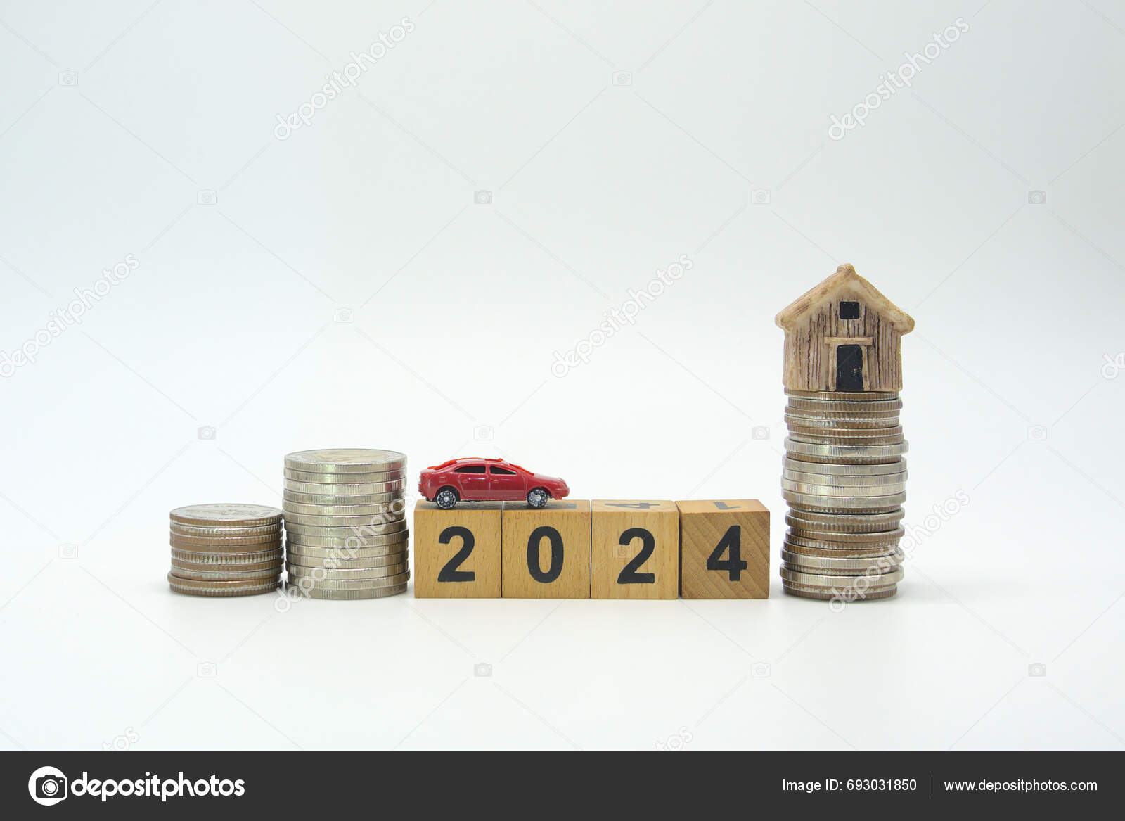 Wooden Dice 2024 Stack Coins Isolated White Background Starting Grow ...