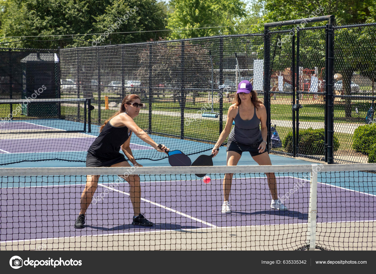 Two Pickleball Players Action Net Suburban Pickleball Court Summer ...