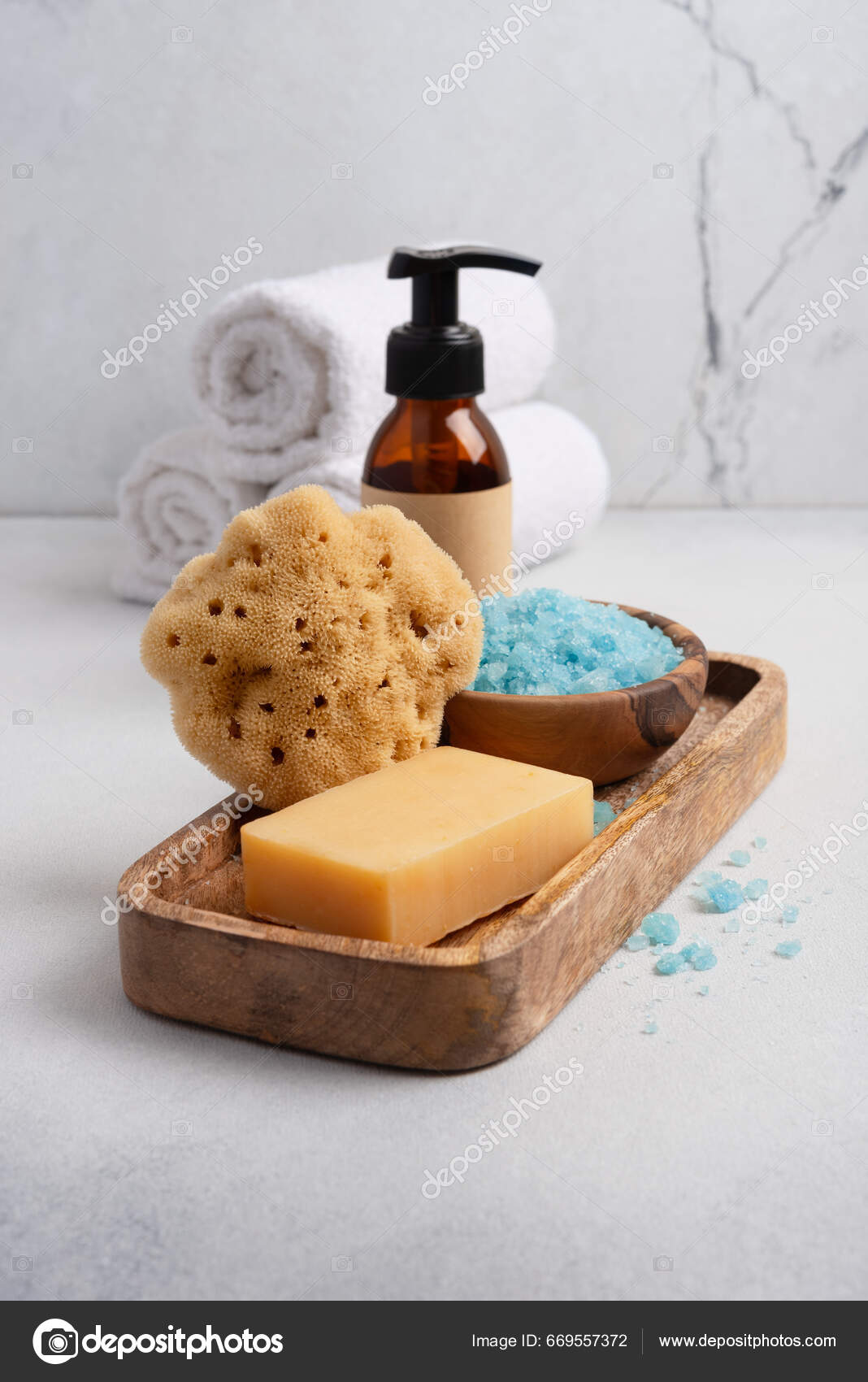 Bath Spa Setting Blue Sea Salt Natural Wild Sponge Homemade Stock Photo ...
