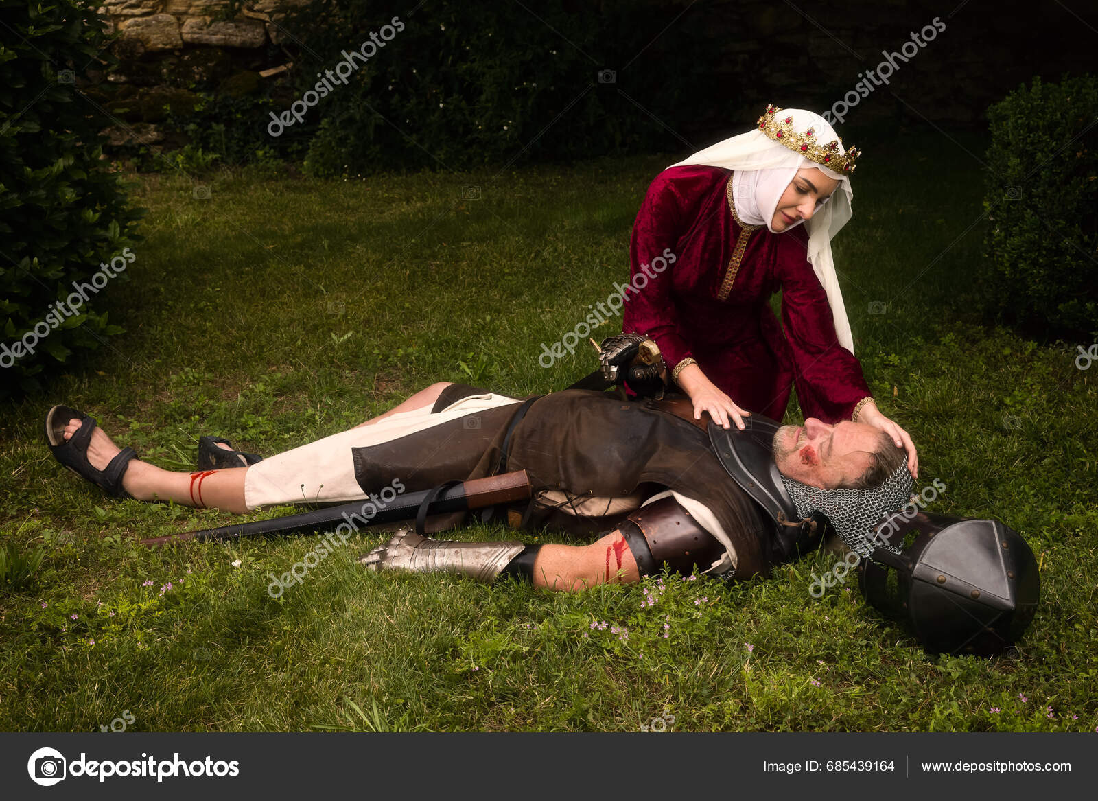 Medieval Scene Crying Young Widow Queen Kneeling Dead Knight Fallen ...