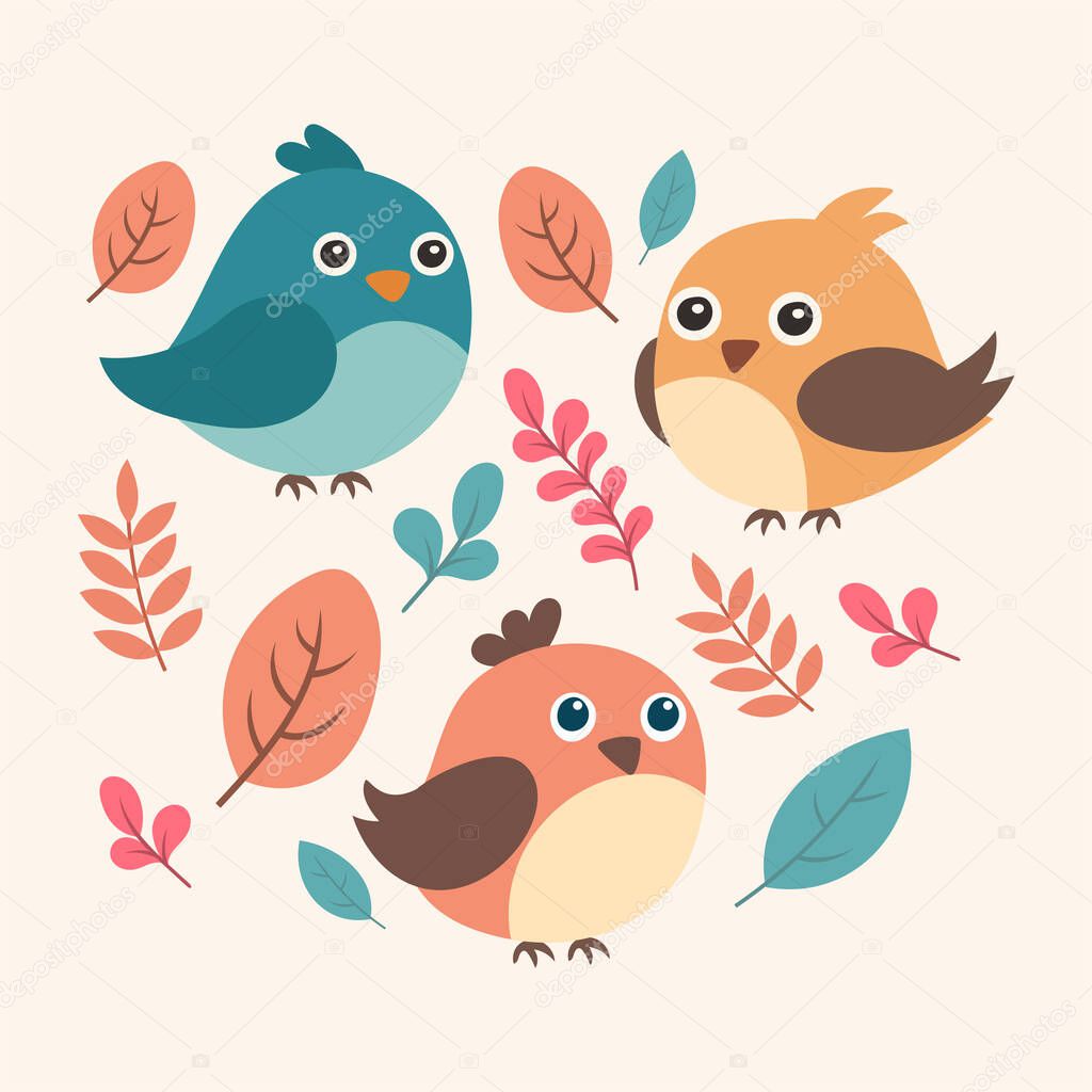 Set de lindas aves vectoriales con flores y hojas. ilustraci n de dibujos animados en estilo ...