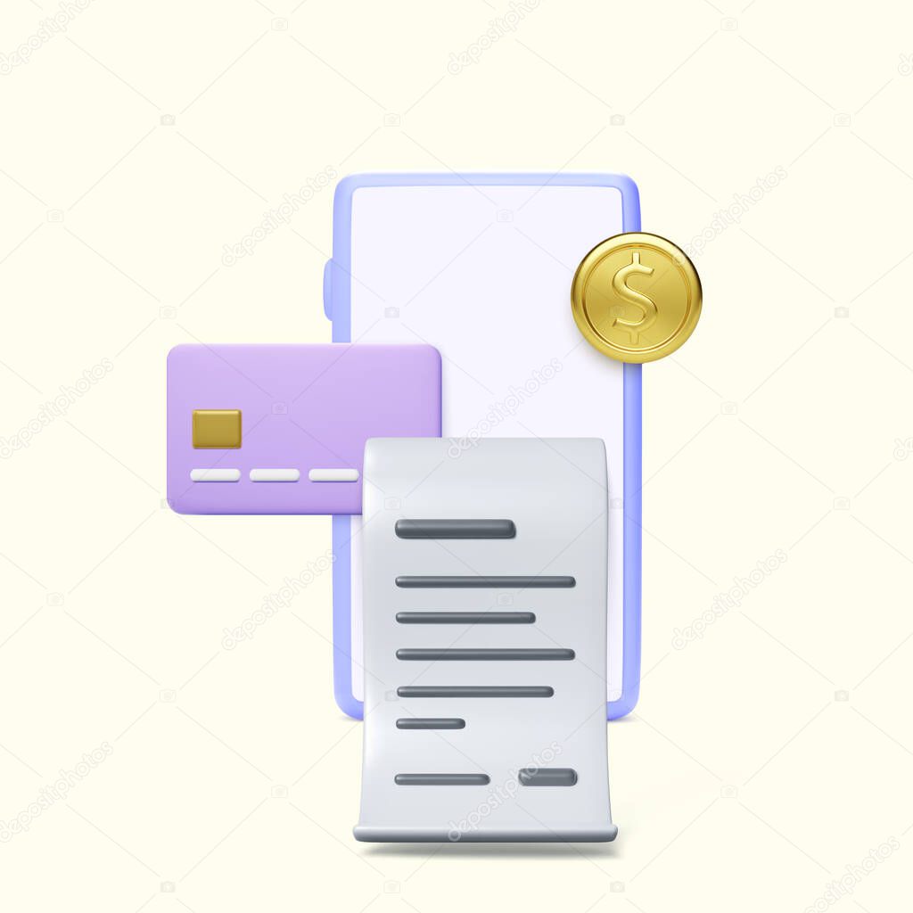 Factura 3D con tarjeta de cr dito smartphone y moneda de oro. Concepto de banca por Internet o ...