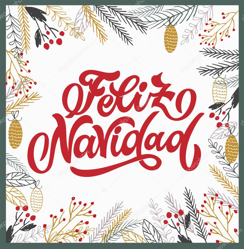 Mano dibujada Feliz Navidad, Feliz Año Nuevo Español, tarjeta, placa ...
