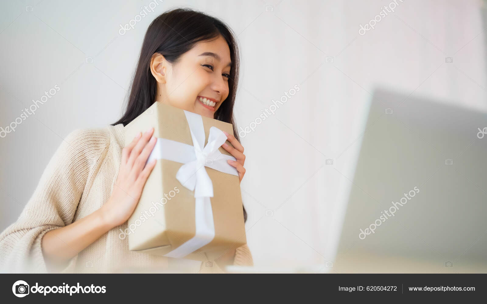 Young Asian Woman Using Computer Laptop Home Female Showing Gift ...