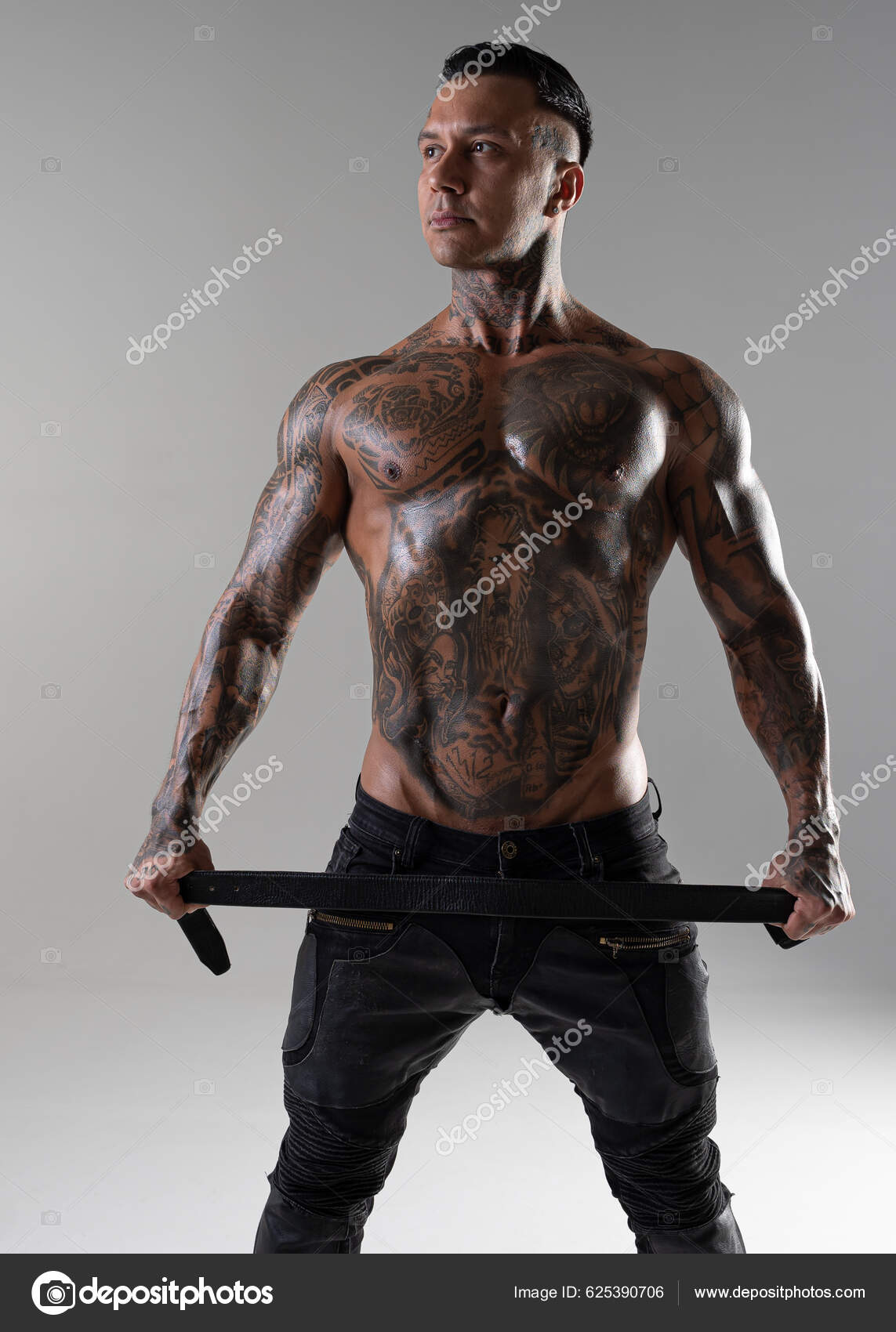 Muscular Shirtless Young Man Whip Mask Brutal Handsome Man Tattooed ...