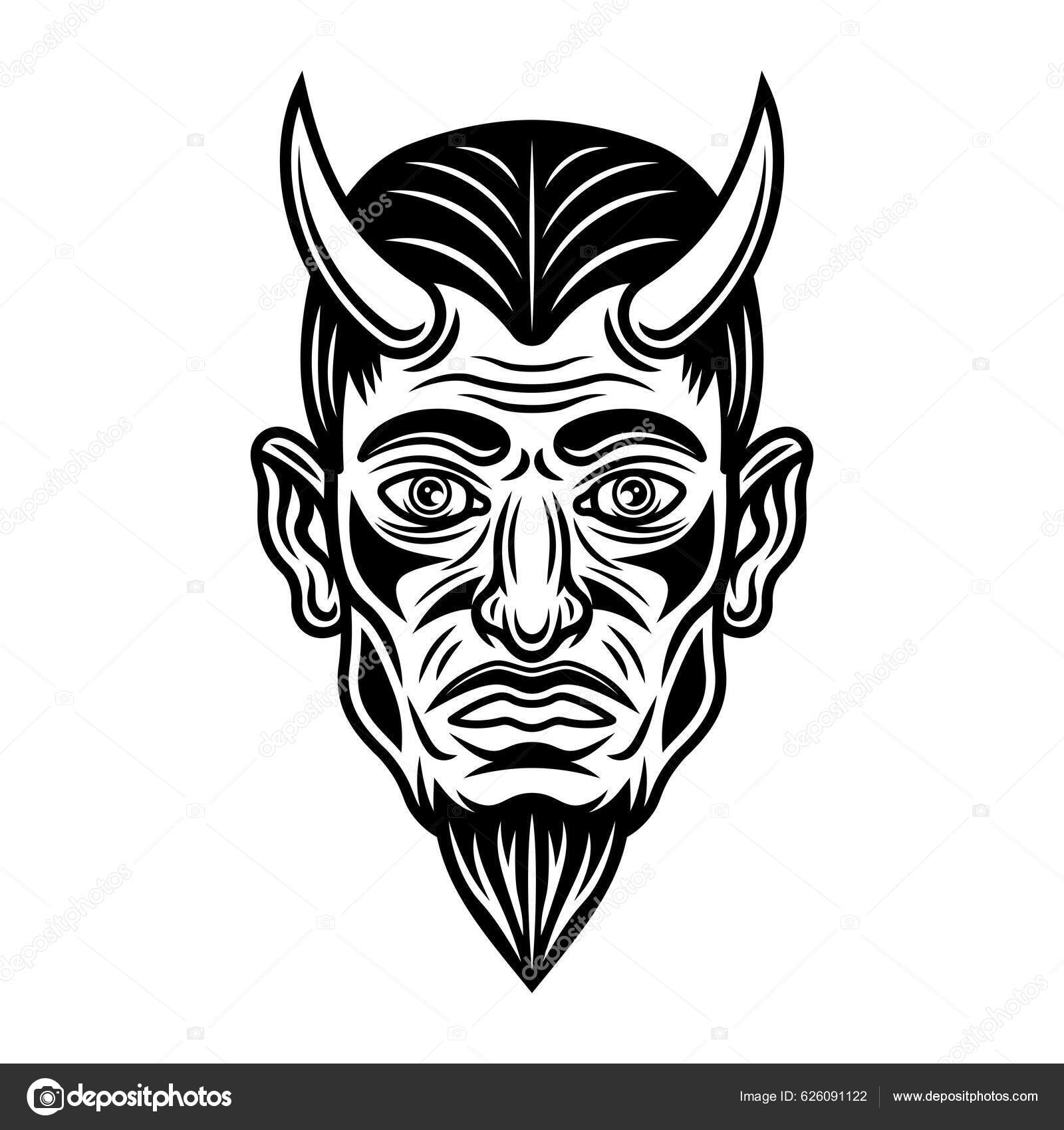 Devil Lucifer Head Horns Vector Monochrome Illustration Vintage Style ...