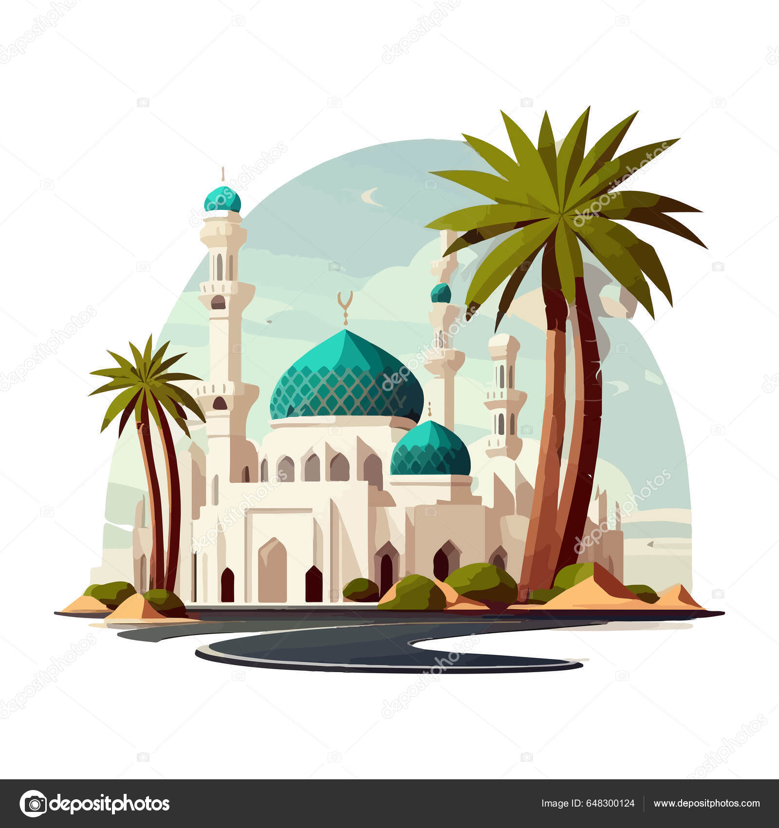Vector Drawing Mosque Background Palm Trees Road Your Design Stock ...