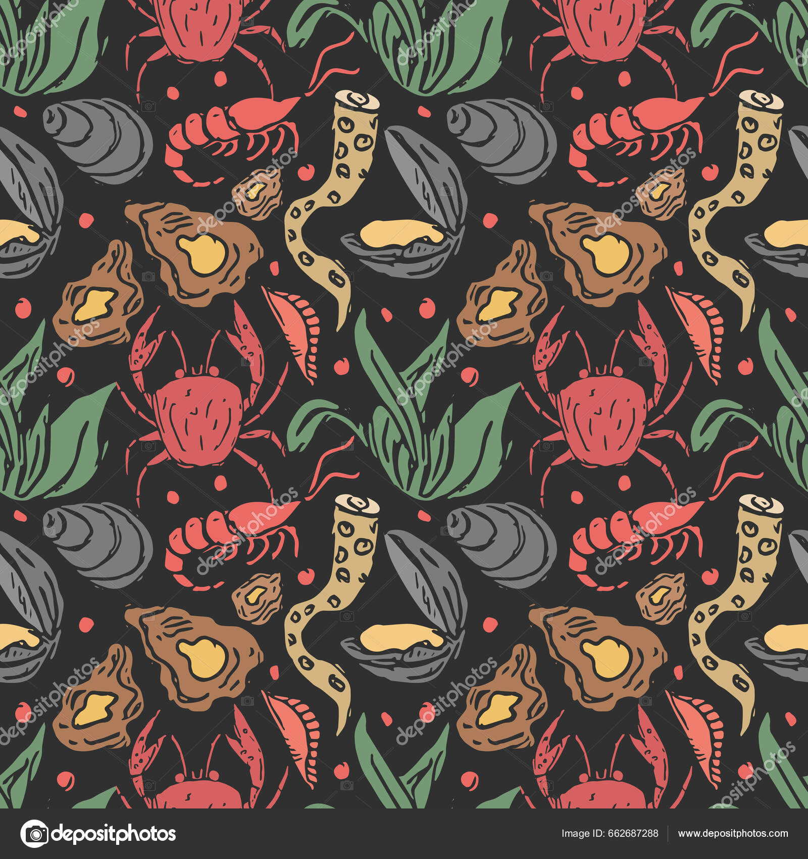 Colored Seafood Pattern Drawn Seafood Background Stock Vector by ...