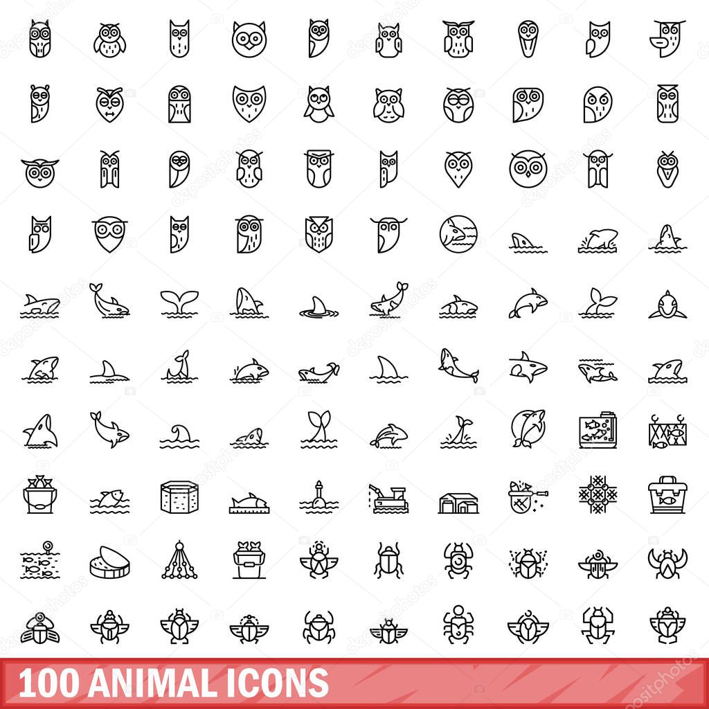 Conjunto de 100 iconos animales. Esquema ilustración de 100 iconos ...