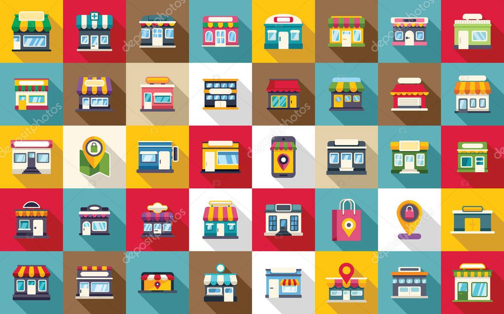 Los iconos de la tienda local establecen un vector plano. Calle de la ...