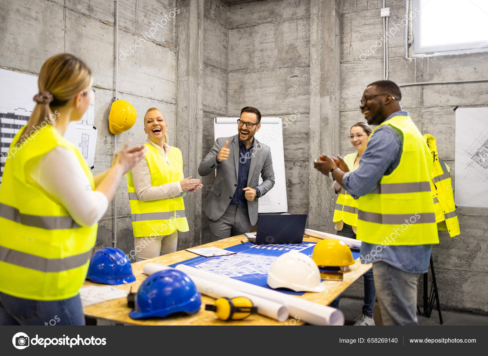 Motivated Positive People Construction Site Meeting Laughing Clapping ...